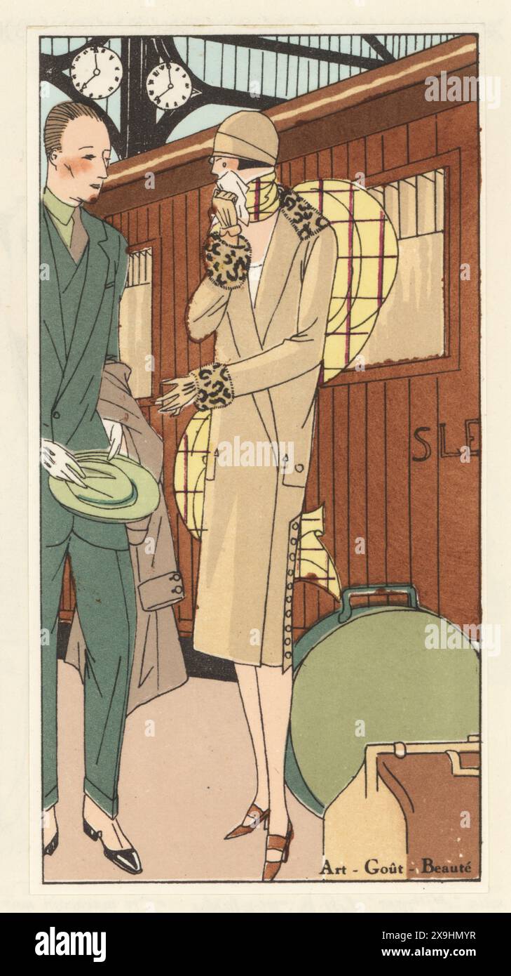 French flapper in travel outfit with luggage in front of a sleeper car ...