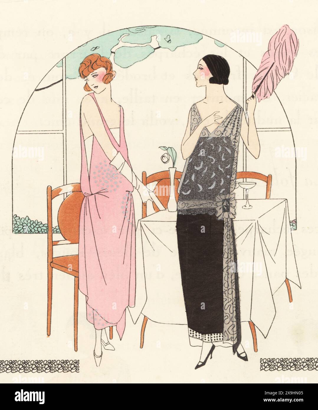 French flappers in a chic restaurant. One in a curly bob in a dress of ...
