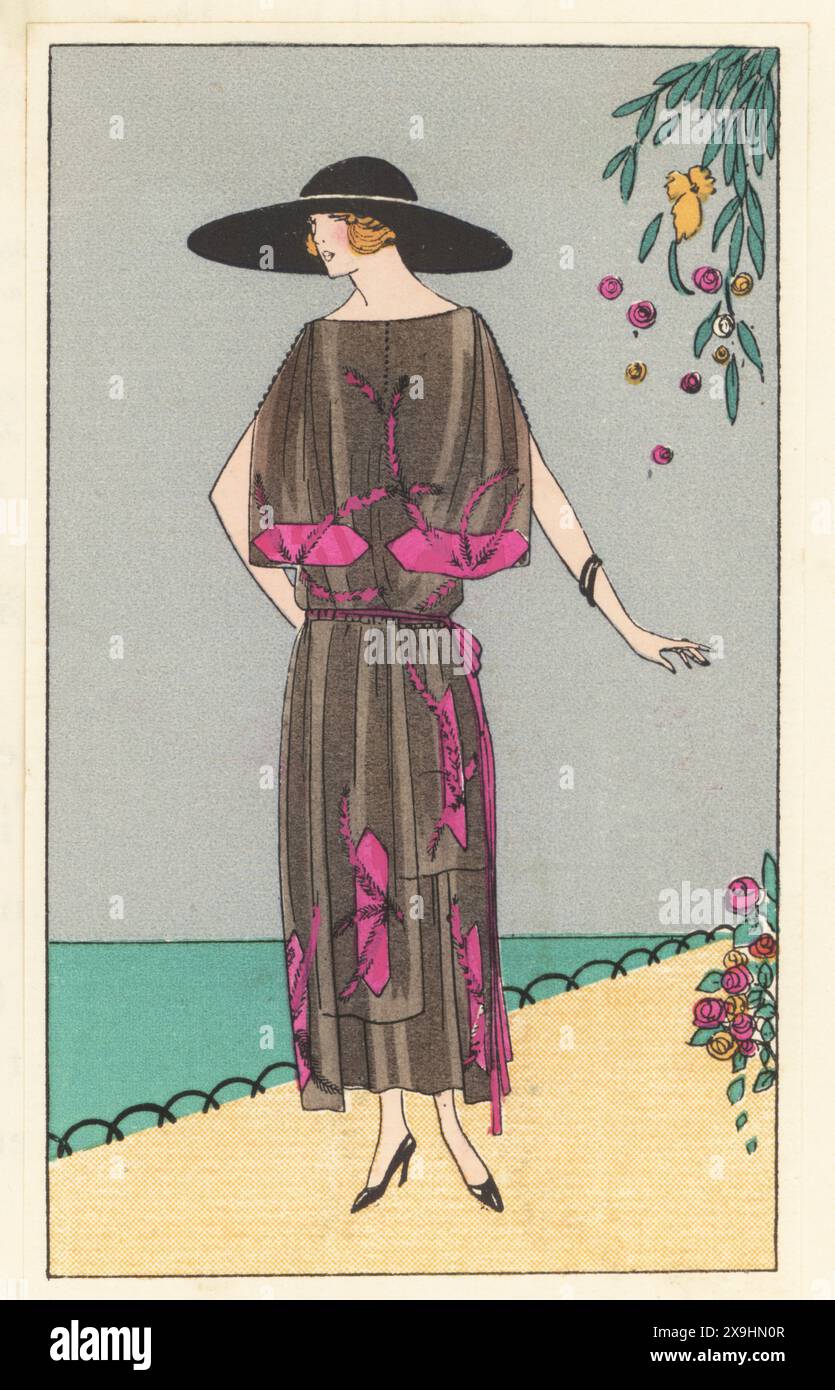 French flapper in outfit by Jean Patou, 1922. Large-brim hat, dress in ...