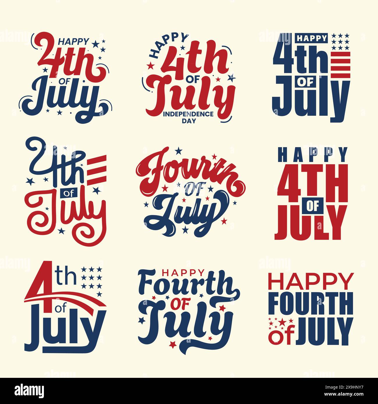4th of July typography designs set with stars and American flag. Red ...