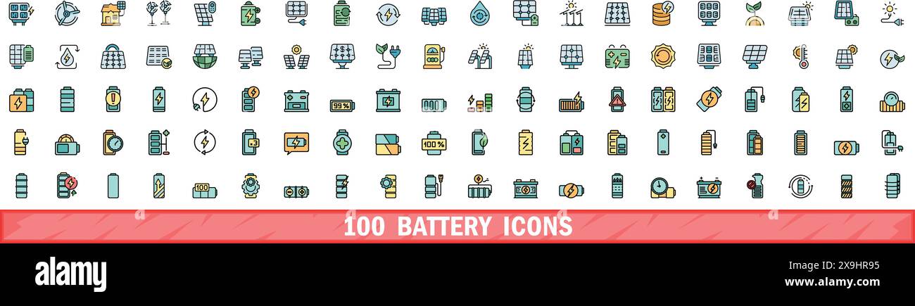 100 battery icons set. Color line set of battery vector icons thin line ...