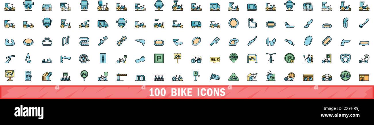 100 bike icons set. Color line set of bike vector icons thin line color ...