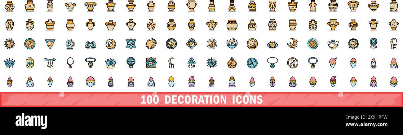 100 decoration icons set. Color line set of decoration vector icons ...
