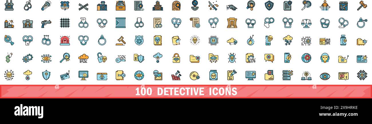 100 detective icons set. Color line set of detective vector icons thin ...