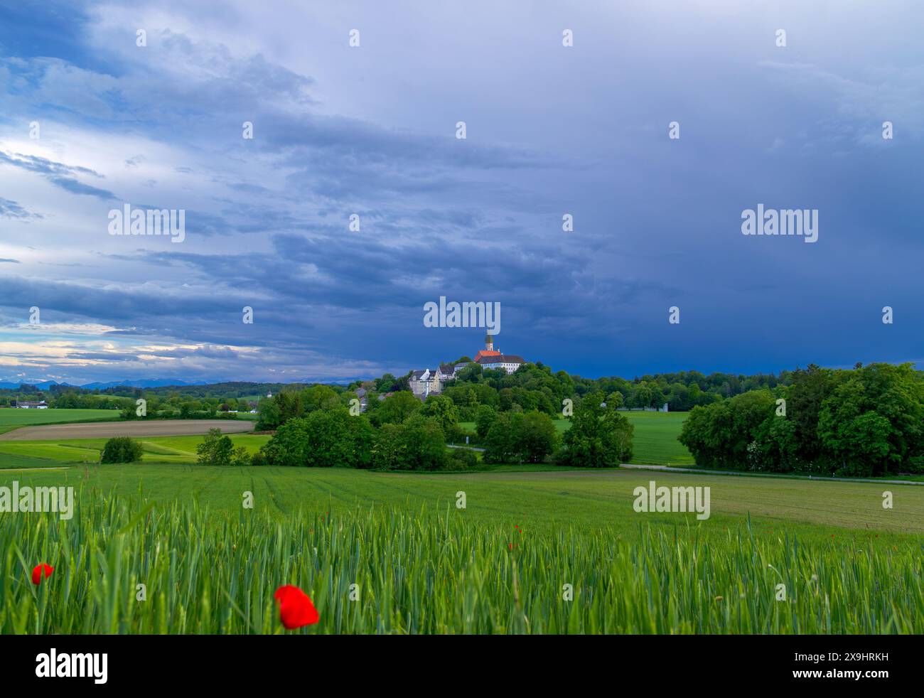 Storm clouds over the landscape near Andechs Monastery, Upper Bavaria ...