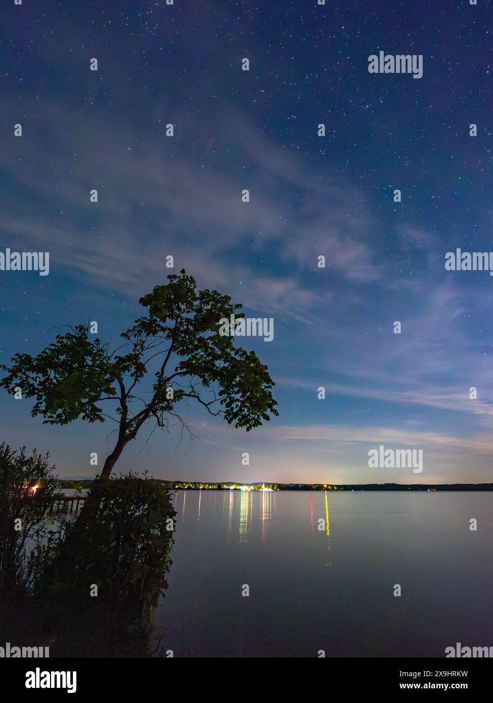 Night sky on Lake Starnberg, Ambach, Fünfseenland, Upper Bavaria ...