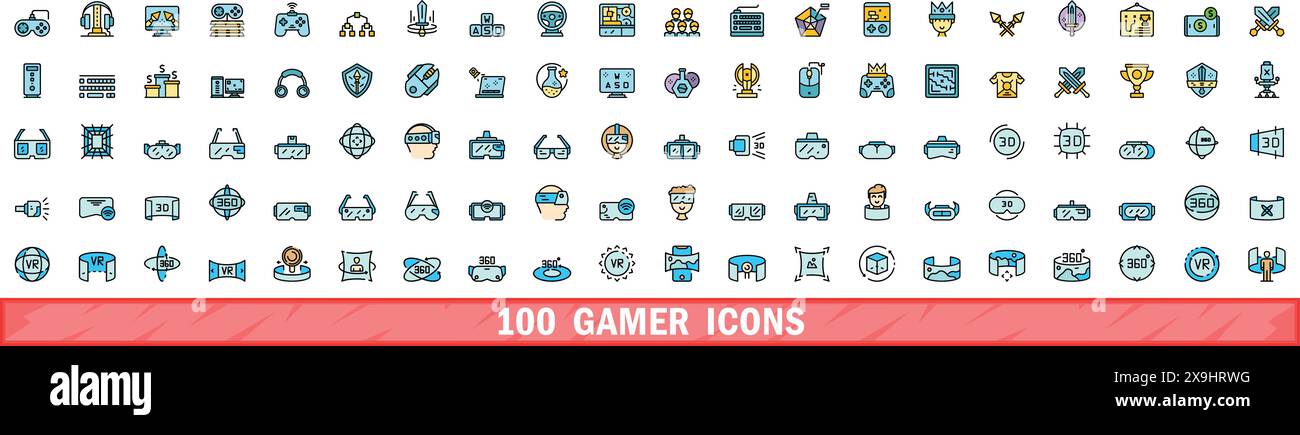 100 gamer icons set. Color line set of gamer vector icons thin line ...