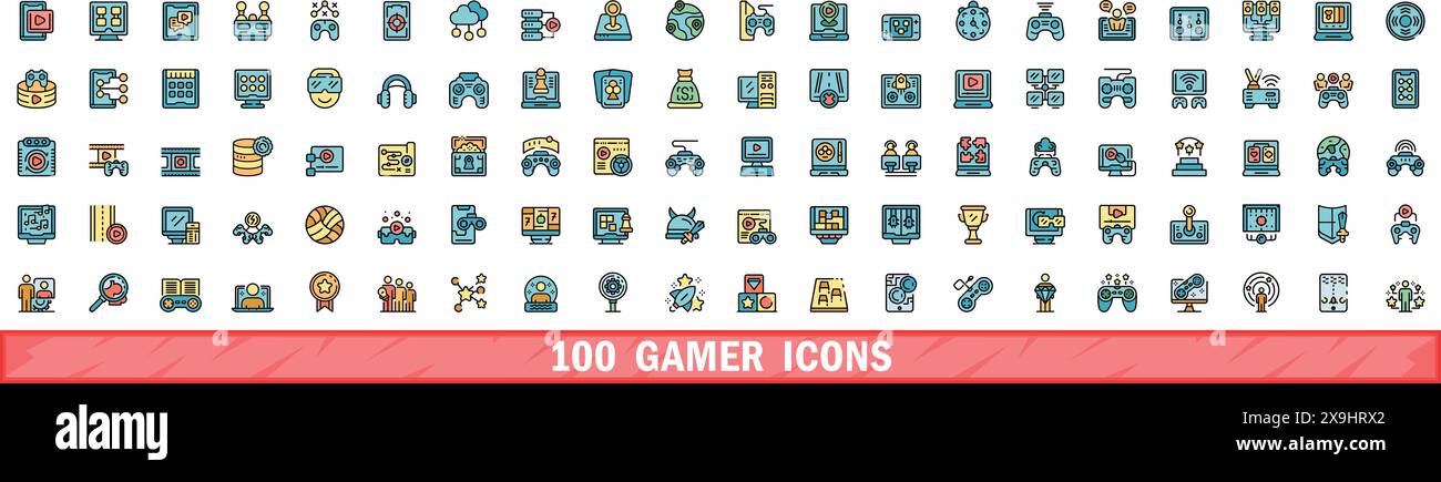 100 gamer icons set. Color line set of gamer vector icons thin line ...