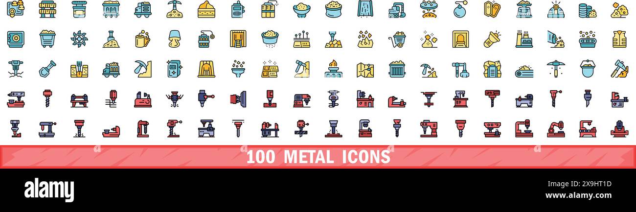 100 metal icons set. Color line set of metal vector icons thin line ...