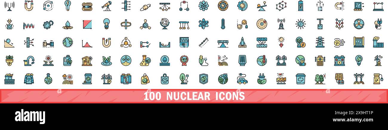 100 nuclear icons set. Color line set of nuclear vector icons thin line ...