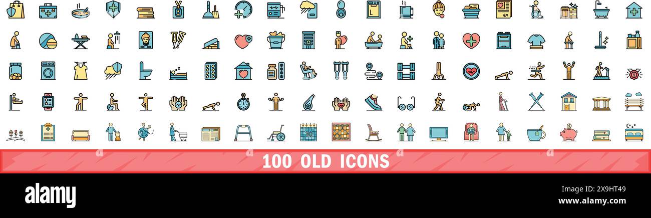 100 old icons set. Color line set of old vector icons thin line color ...