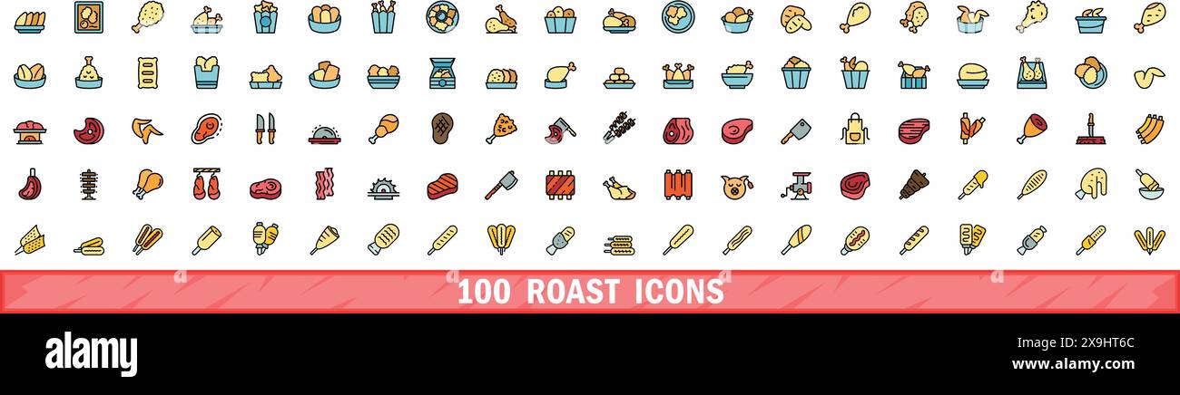 100 roast icons set. Color line set of roast vector icons thin line ...
