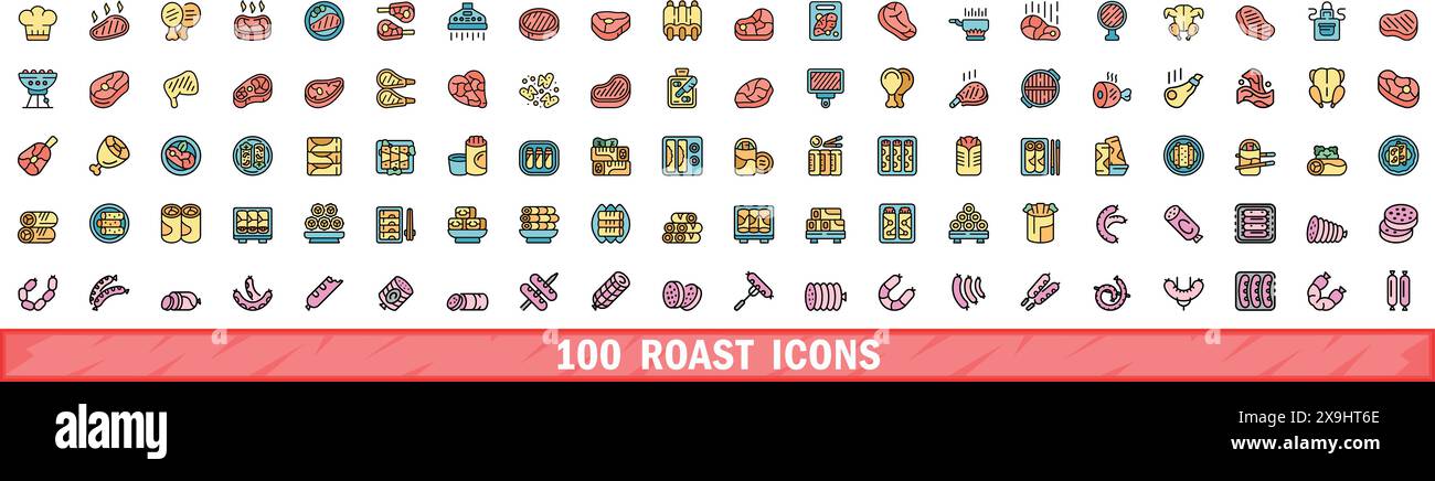 100 roast icons set. Color line set of roast vector icons thin line color flat on white Stock ...
