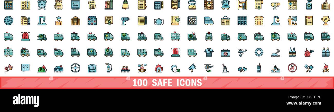 100 safe icons set. Color line set of safe vector icons thin line color ...