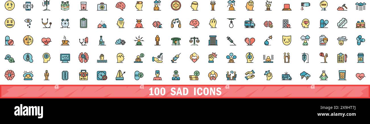 100 sad icons set. Color line set of sad vector icons thin line color ...