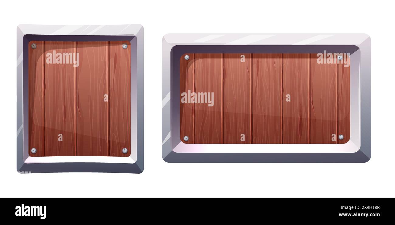 Set steel frames with wooden board, panel textured in cartoon style ...