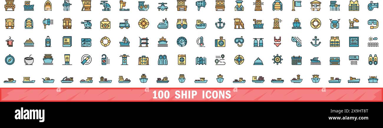 100 ship icons set. Color line set of ship vector icons thin line color ...