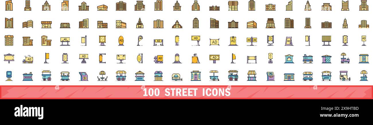 100 street icons set. Color line set of street vector icons thin line ...