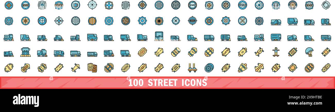 100 street icons set. Color line set of street vector icons thin line ...