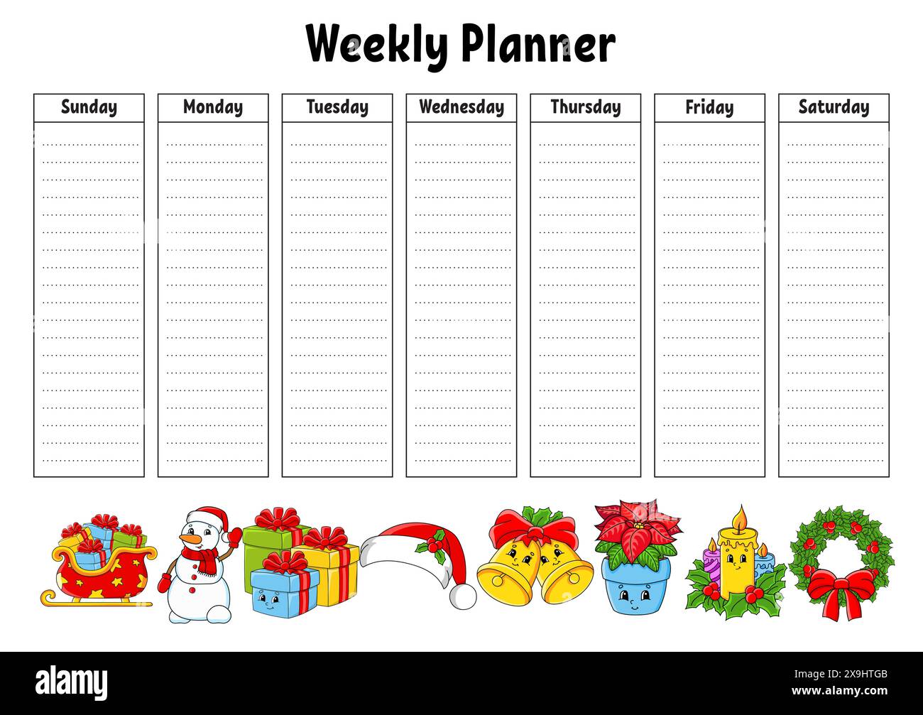 Weekly planner. Bright colorful blank printable template. Christmas ...