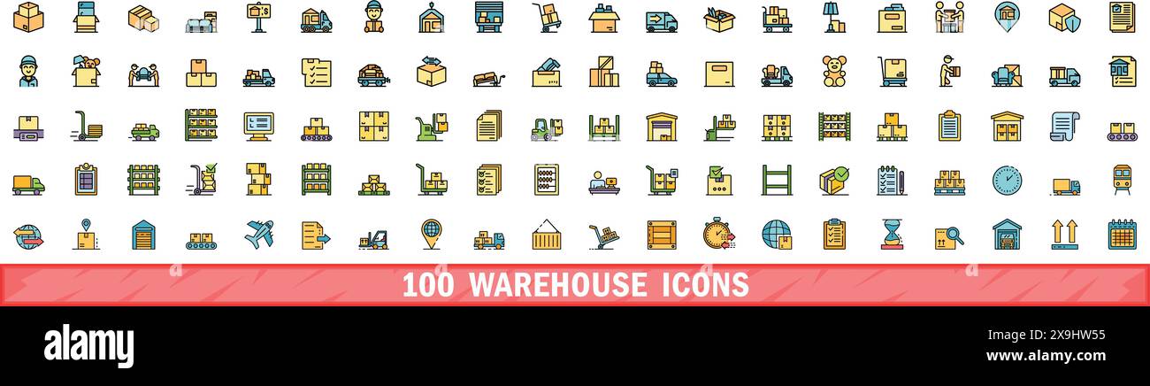 100 warehouse icons set. Color line set of warehouse vector icons thin ...
