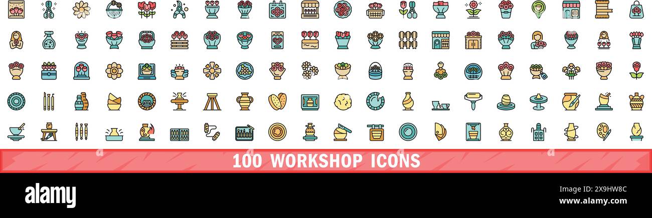 100 workshop icons set. Color line set of workshop vector icons thin line color flat on white ...