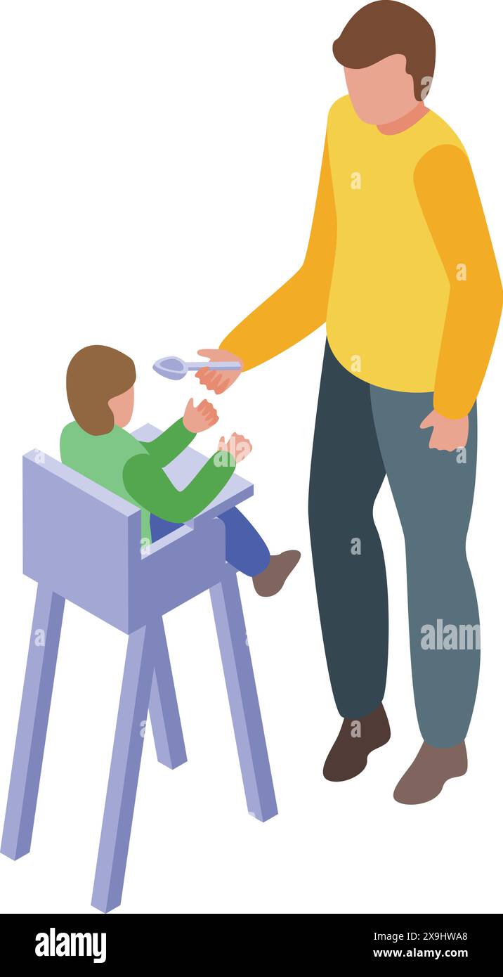 Isometric view of a caring dad giving food to his toddler sitting in a ...