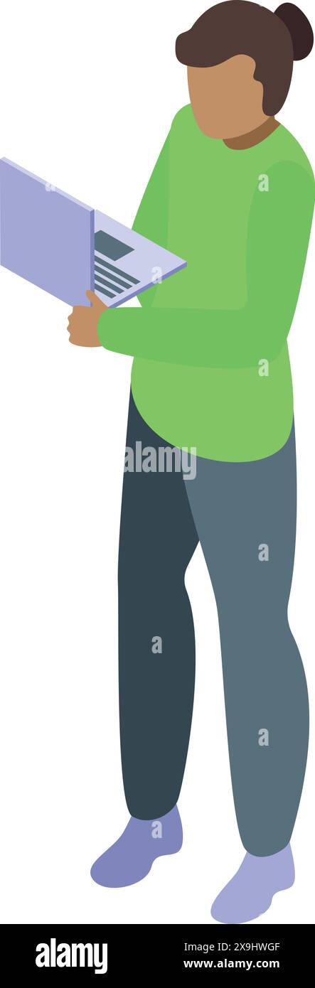 Isometric vector illustration of a woman standing and holding a laptop ...