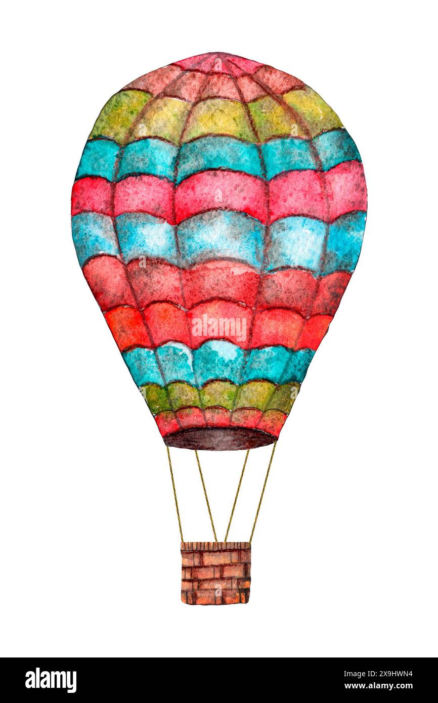 Hand-painted hot air balloon illustration with colorful patchwork ...