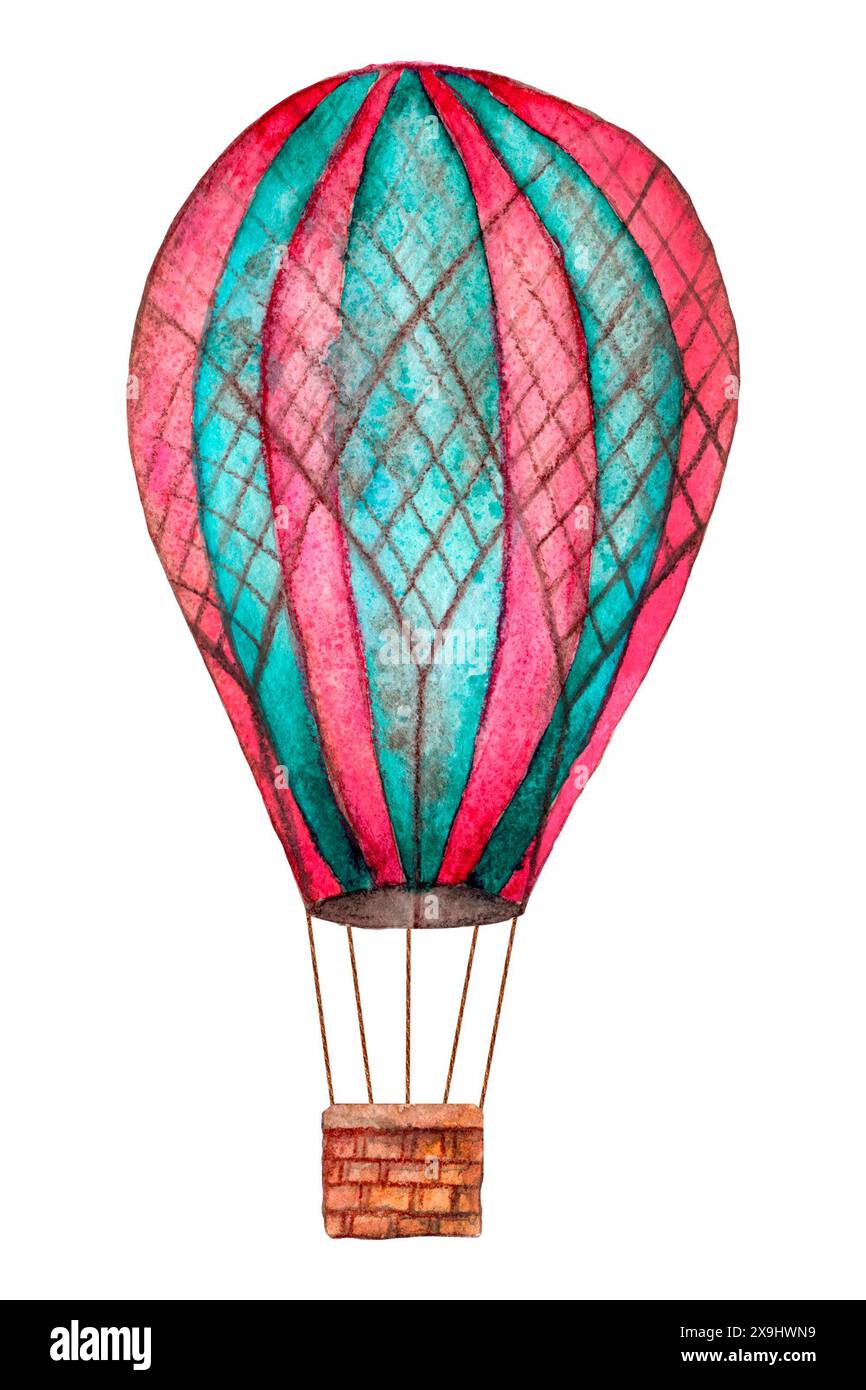Hand-painted hot air balloon illustration with colorful patchwork ...