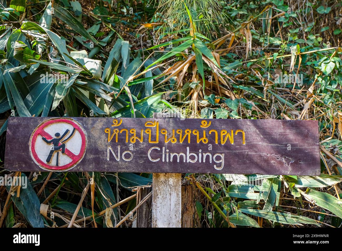 Warning sign at Mae Ya Waterfall Stock Photo - Alamy