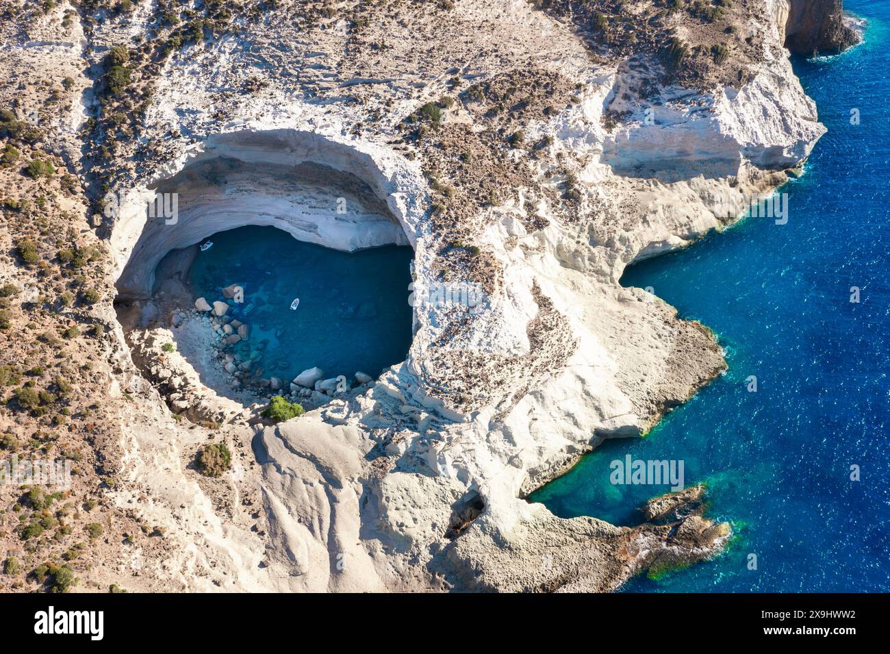 View of the volcanic open cave of Sykia, Milos island, Cyclades, Greece Stock Photo - Alamy