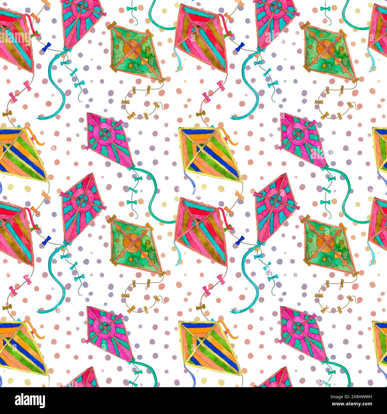 A seamless design featuring a variety of colorful kites set against a ...