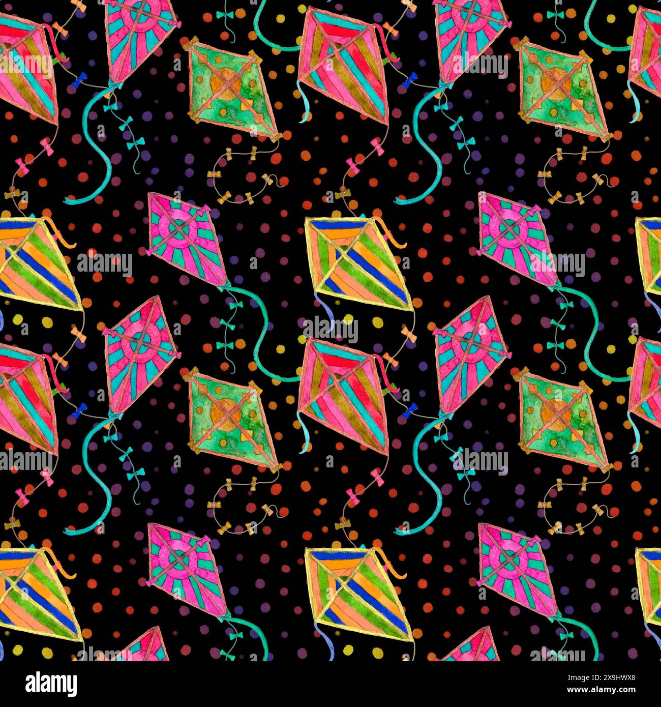 A harmonious design of vibrant kites displayed against a dark backdrop ...