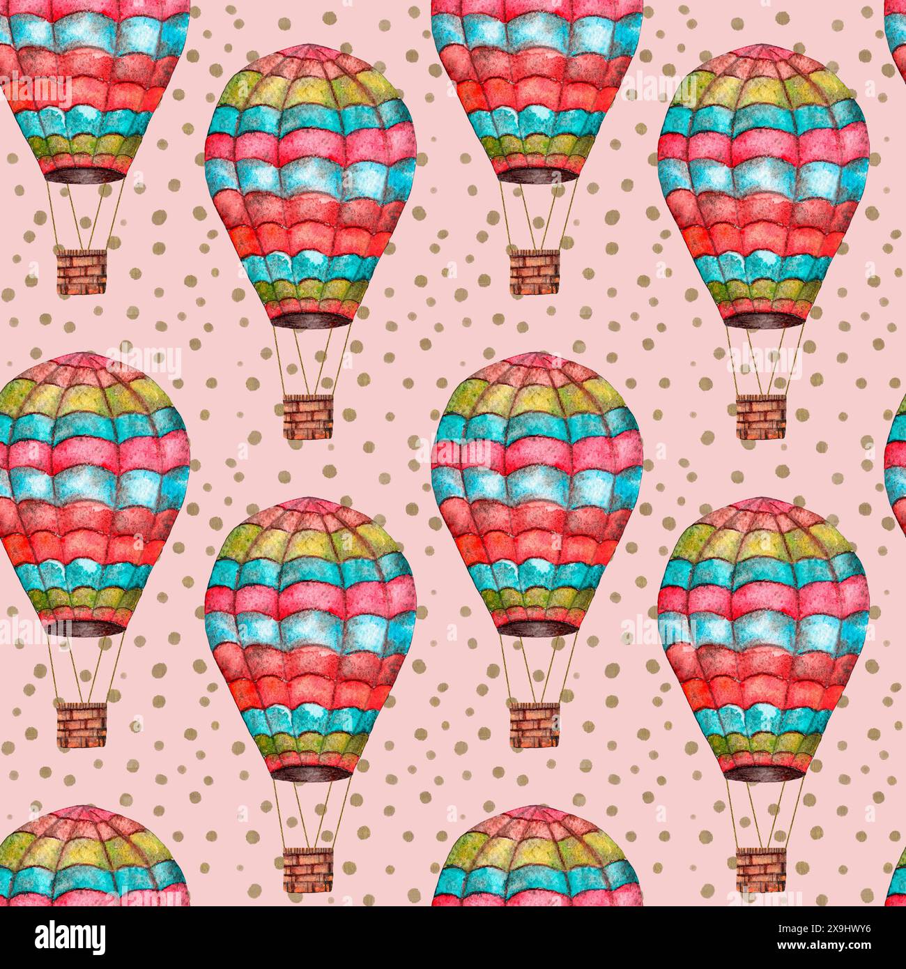 A vibrant pattern showcasing colorful hot air balloons floating on a ...