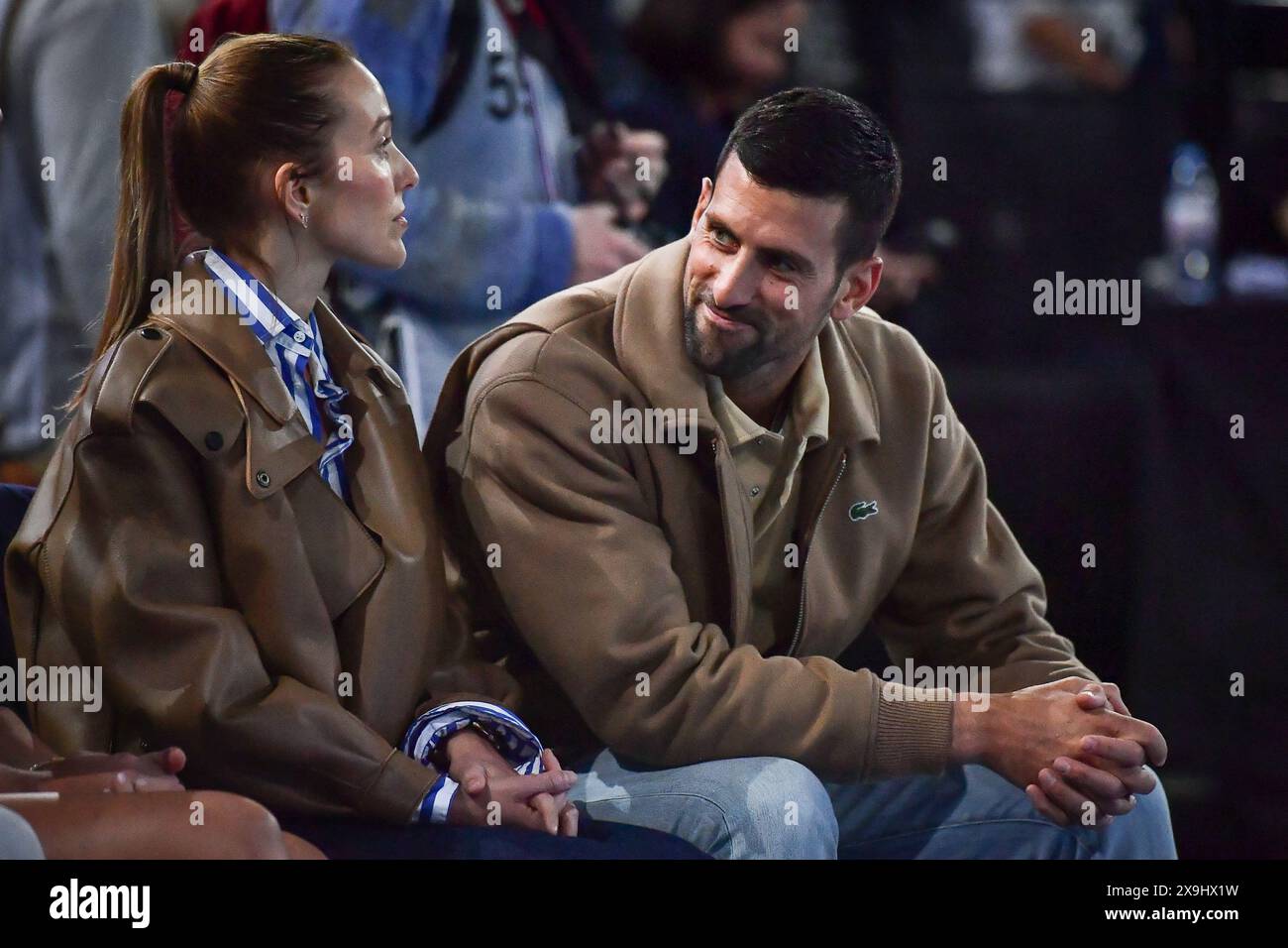 Serbian tennis player Novak Djokovic attends with his espouse Jelena ...