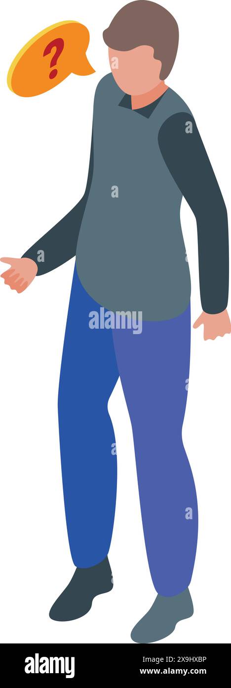 Isometric illustration of a man with a question mark in a speech bubble ...