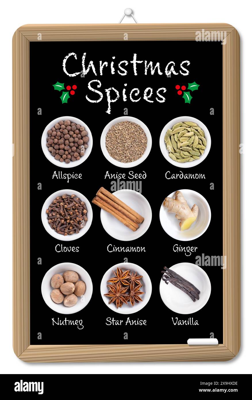 Blackboard with Christmas spices and scents of winter holidays in white ...