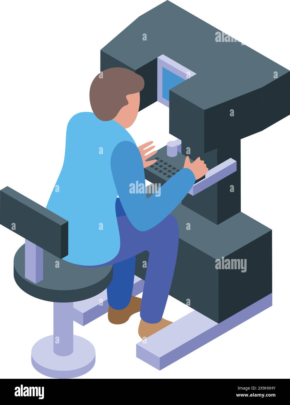 Isometric illustration of a person working attentively at a modern ...