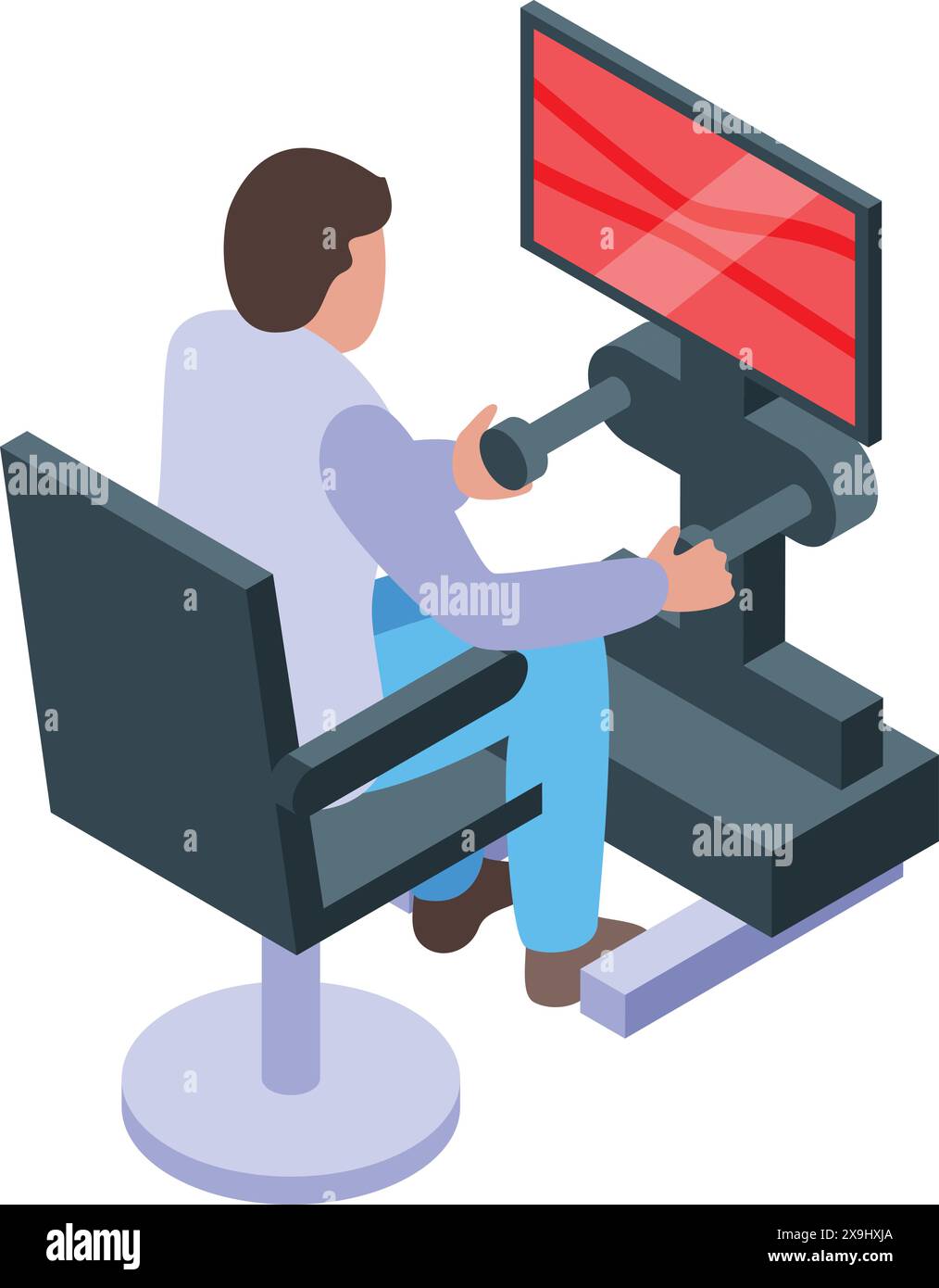 Isometric illustration of a person using a flight simulator with ...