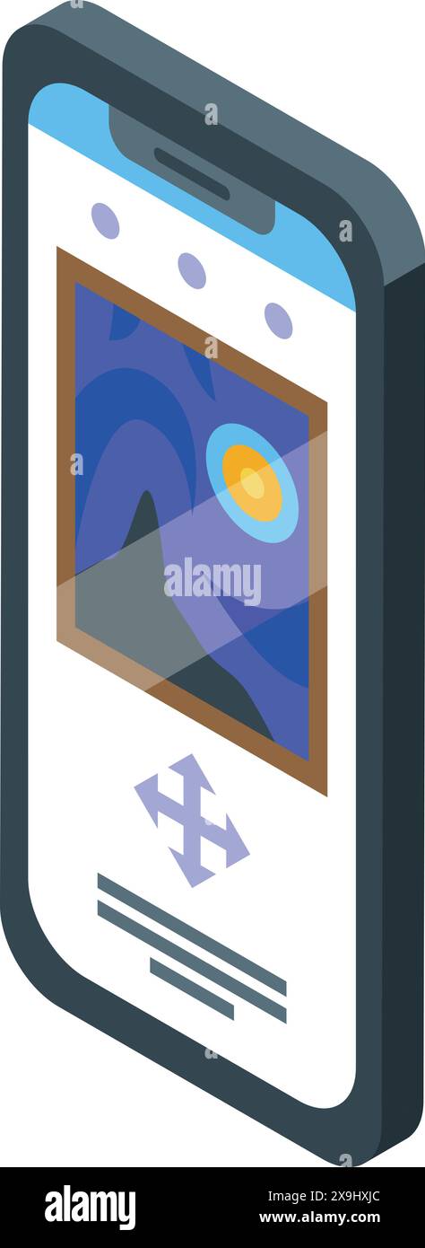 Isometric illustration of a mobile phone displaying an art gallery ...