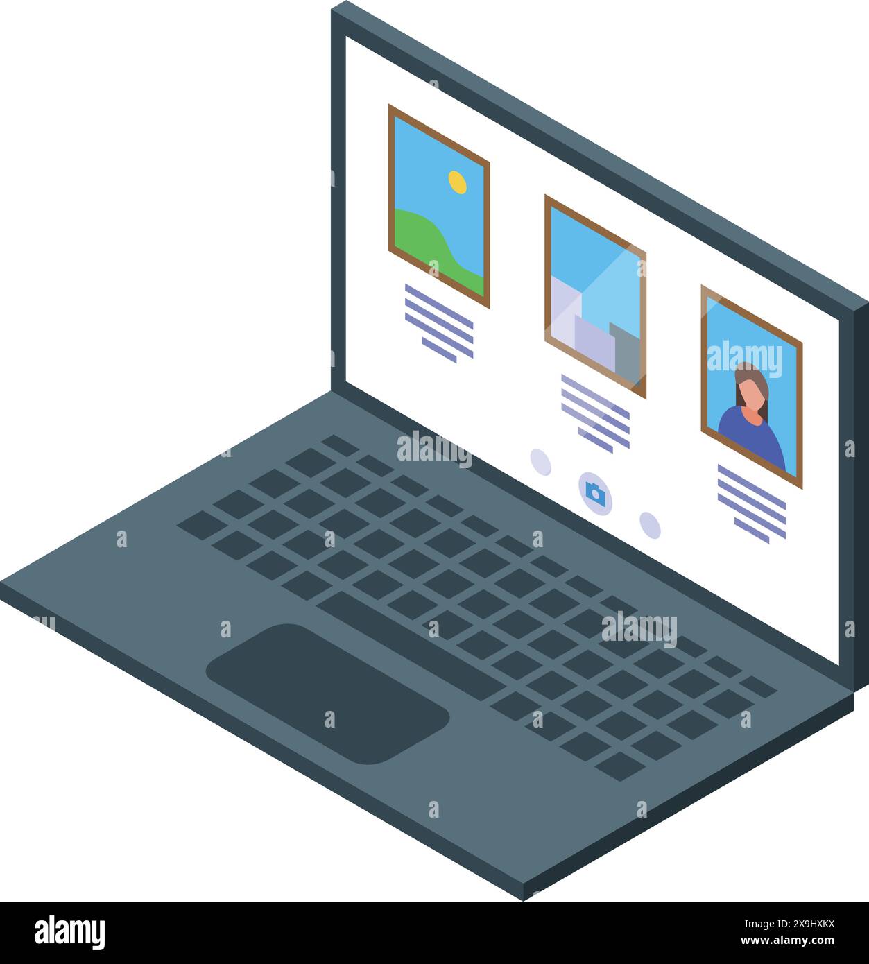 3d isometric illustration of a laptop showing a series of photographs ...