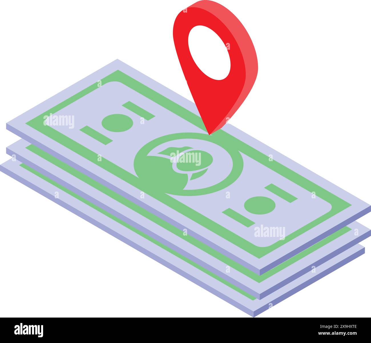Isometric illustration of stacked bills with a red location pin ...