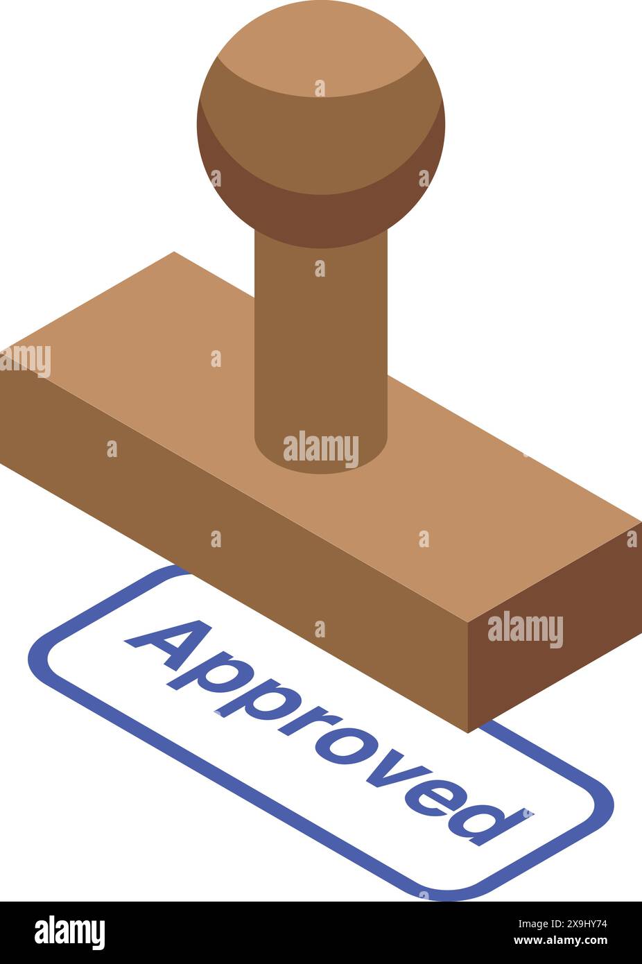 Isometric approved stamp illustration with 3d render and wooden blue ...