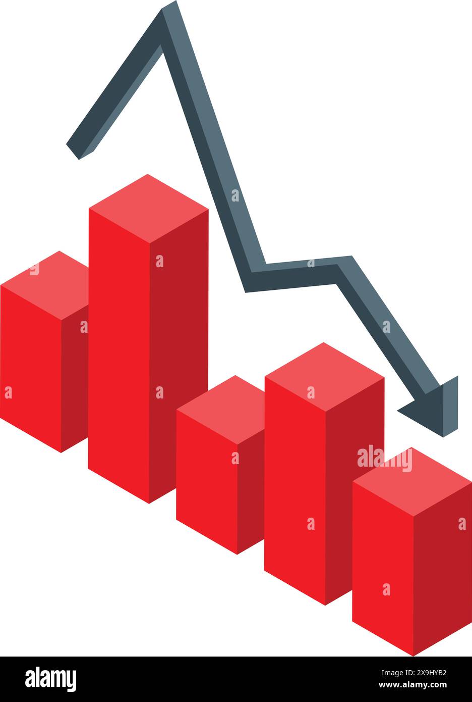 3d isometric illustration of declining graph chart with red and grey vector bars representing ...