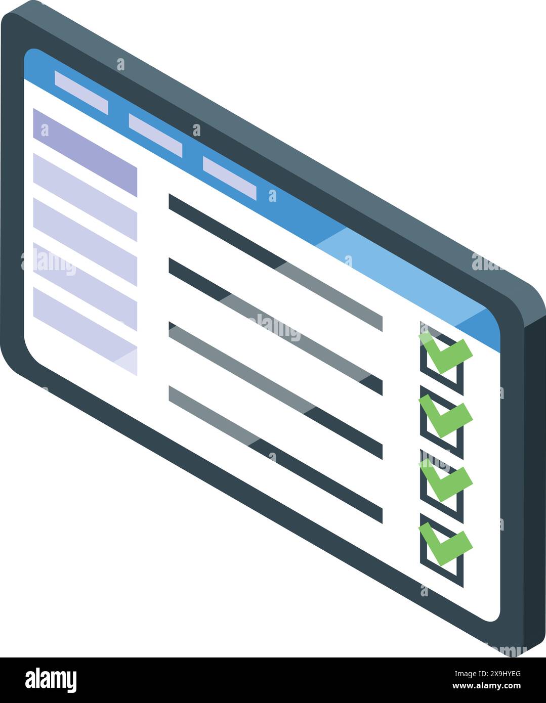 Isometric illustration of a checklist with tick marks on a modern blue ...