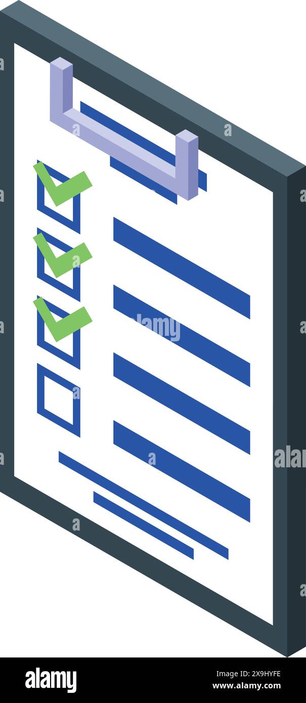 3d isometric icon of a checklist on a clipboard with green check marks, representing task ...