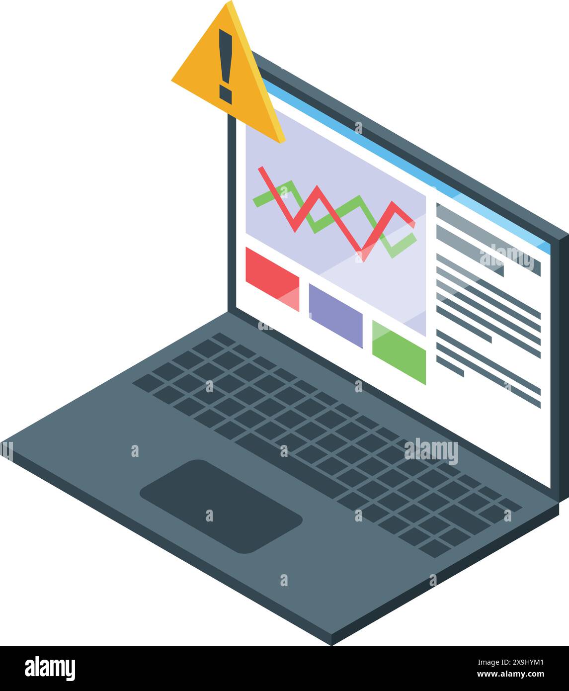 3d isometric illustration of an open laptop displaying charts with a ...