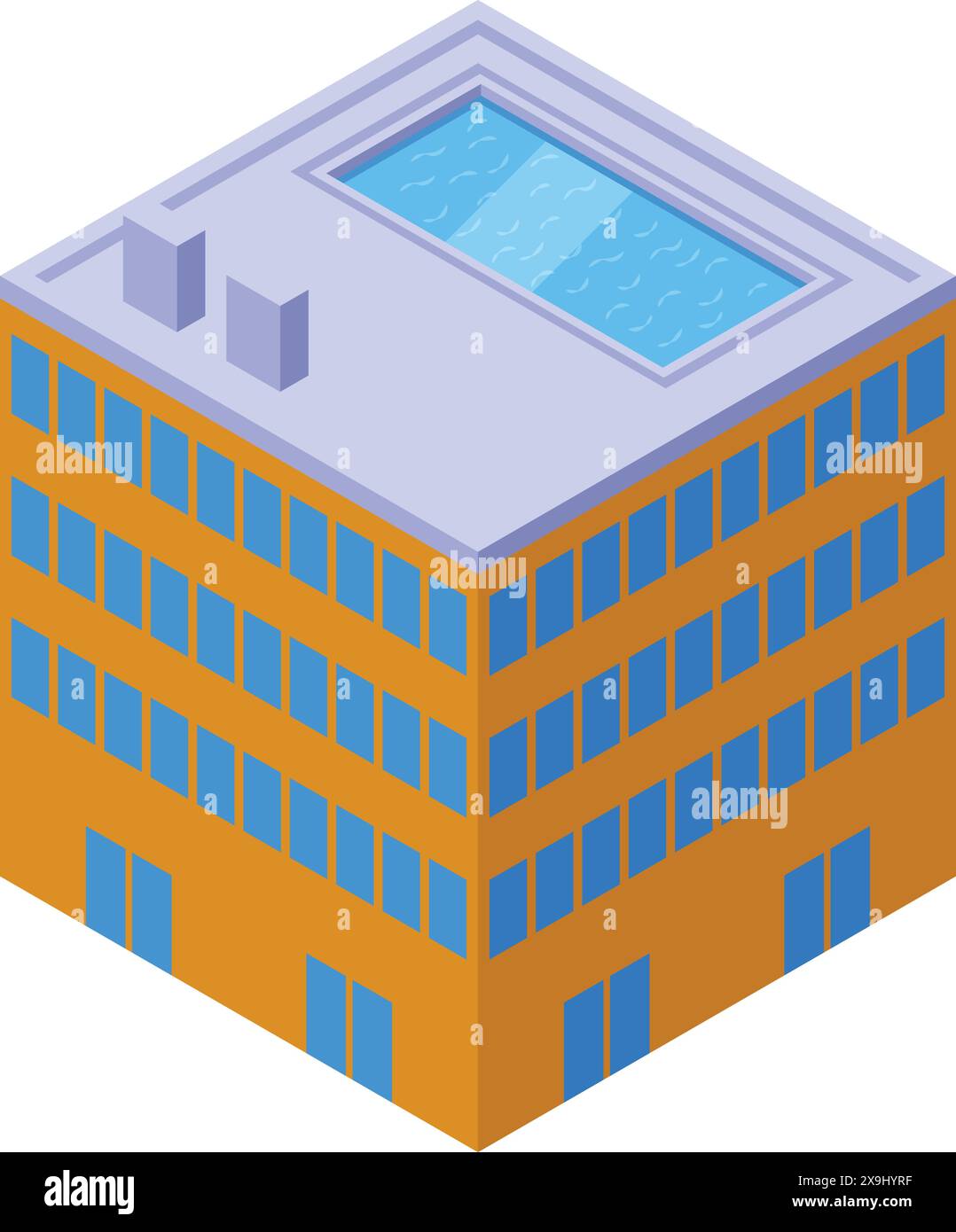 Colorful isometric illustration of a modern office building featuring a ...