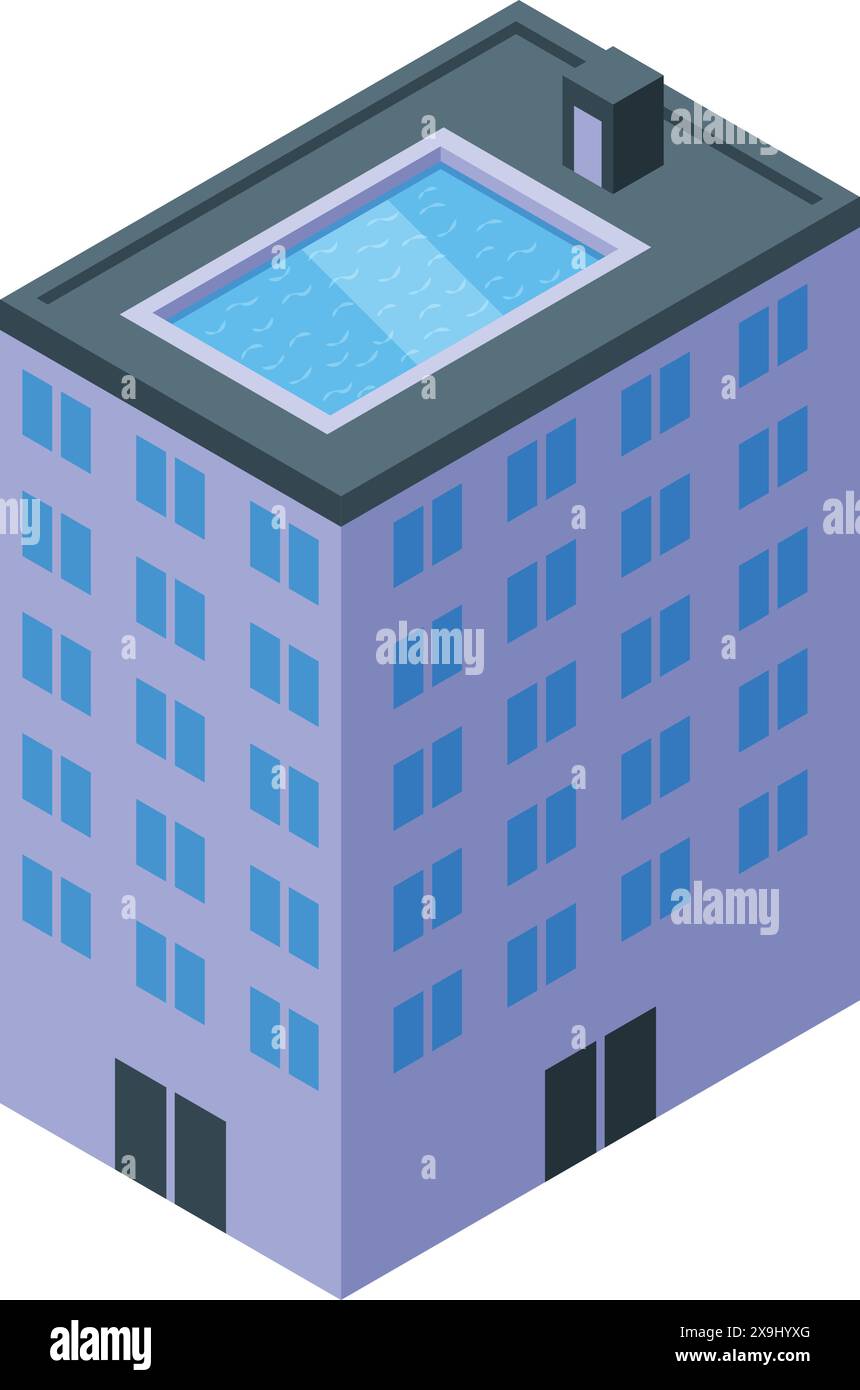 3d isometric illustration of a modern highrise building with a blue ...